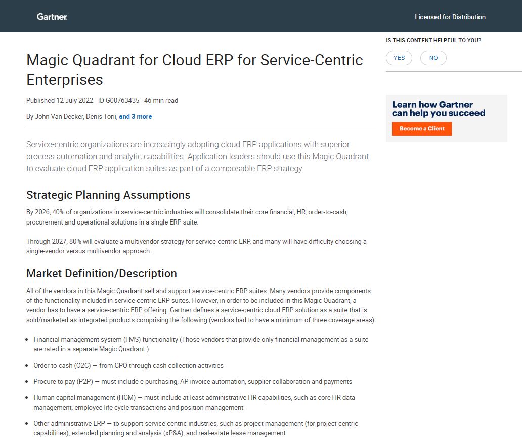 2022 Gartner Magic Quadrant for Cloud ERP for Service Centric Enterprises